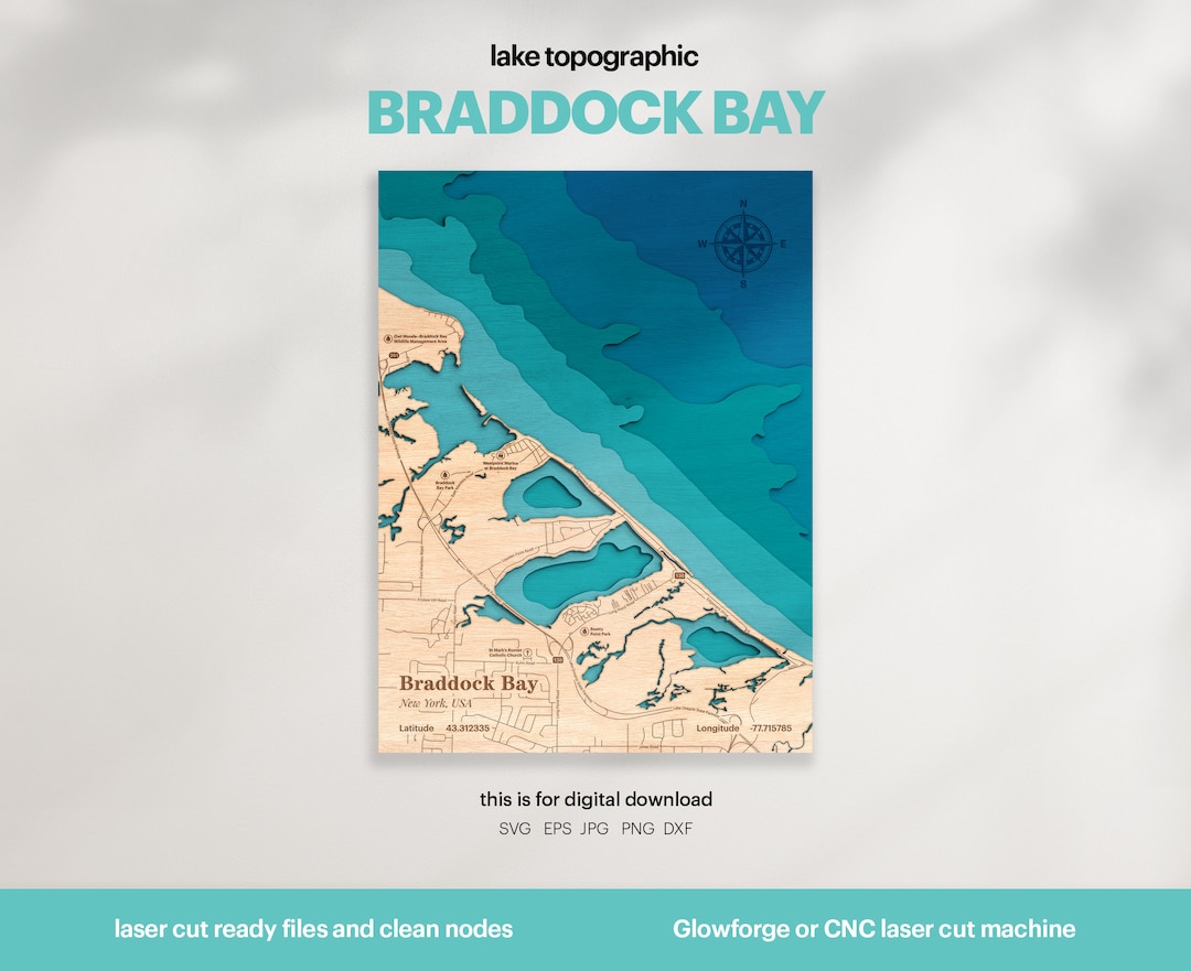 Braddock Bay Map SVG: 3D Topographic Lake House Decor (digital Download ...