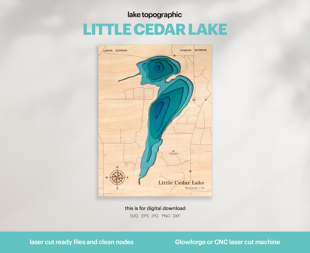 Little Cedar Lake Map SVG: 3D Topographic Laser Cut File (digital ...