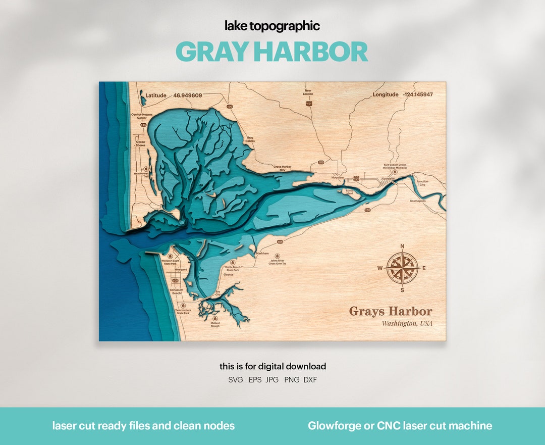 Lake House Decor, Grays Harbor Map SVG, Wood Wall Decor Gift ...