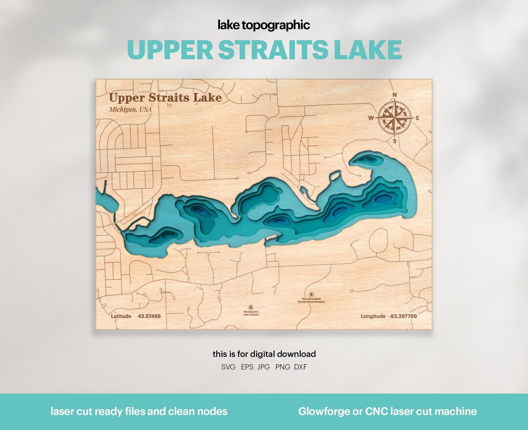 Upper Straits Lake Map SVG : 3D Topographic Lake House Decor (digital ...