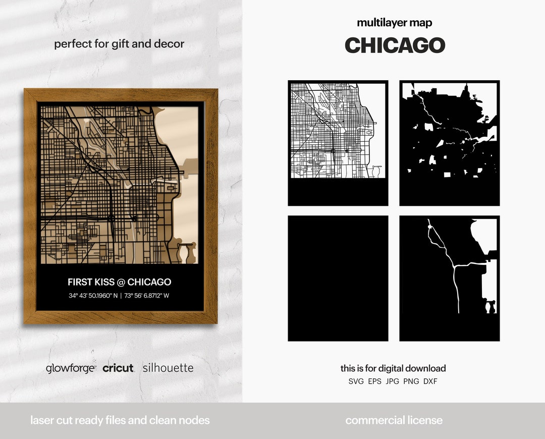 Chicago Layered City Map, City Map Wall Art, Multi Layered Street Map ...