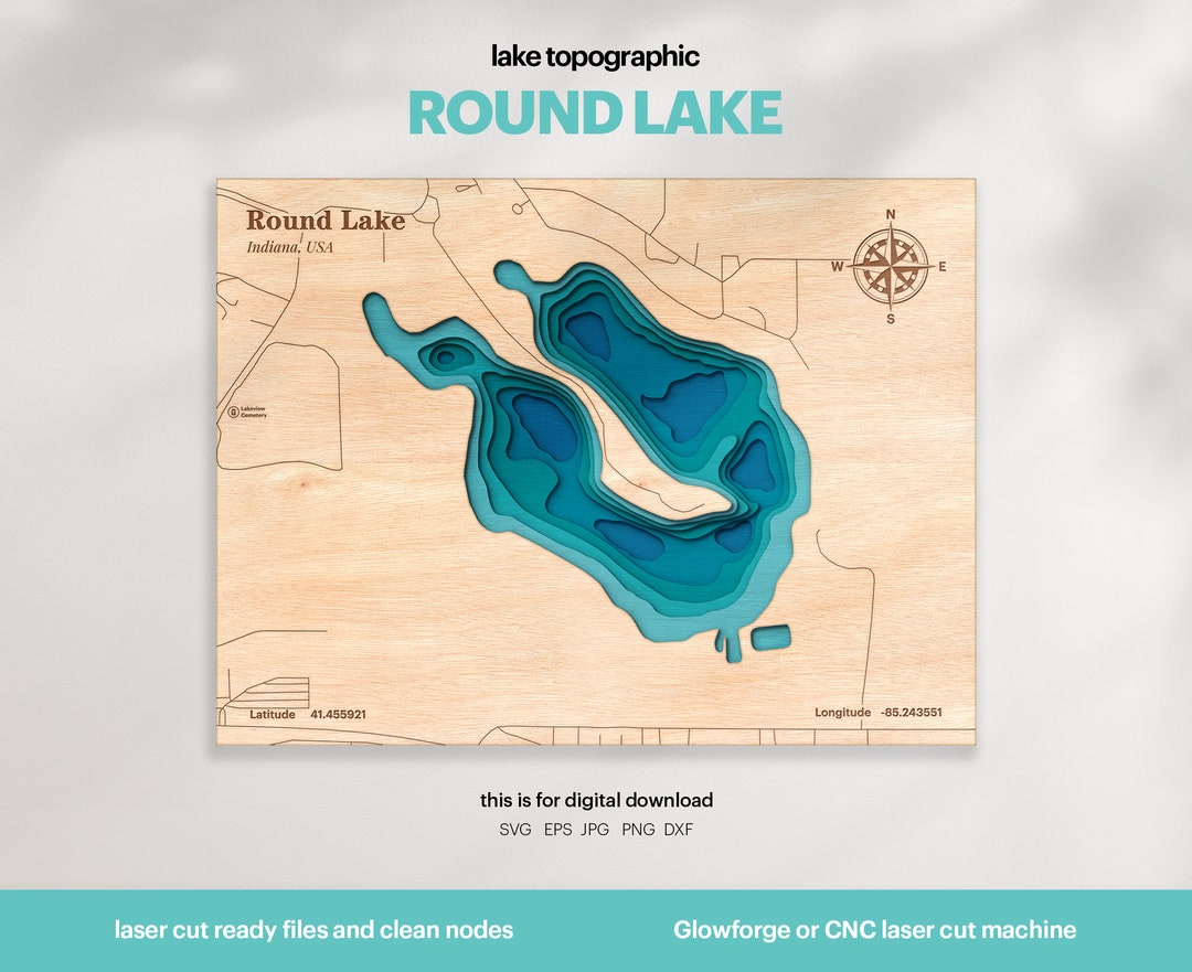 Round Lake Indiana Map SVG: 3D Topographic Laser Cut File (digital ...