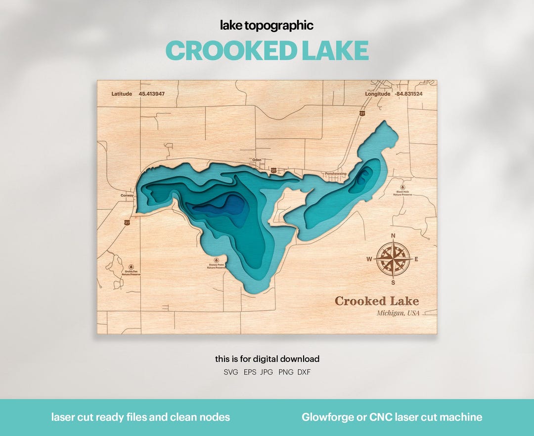 Lake House Decor, Crooked Lake Michigan Map SVG, Wood Wall Decor Gift ...