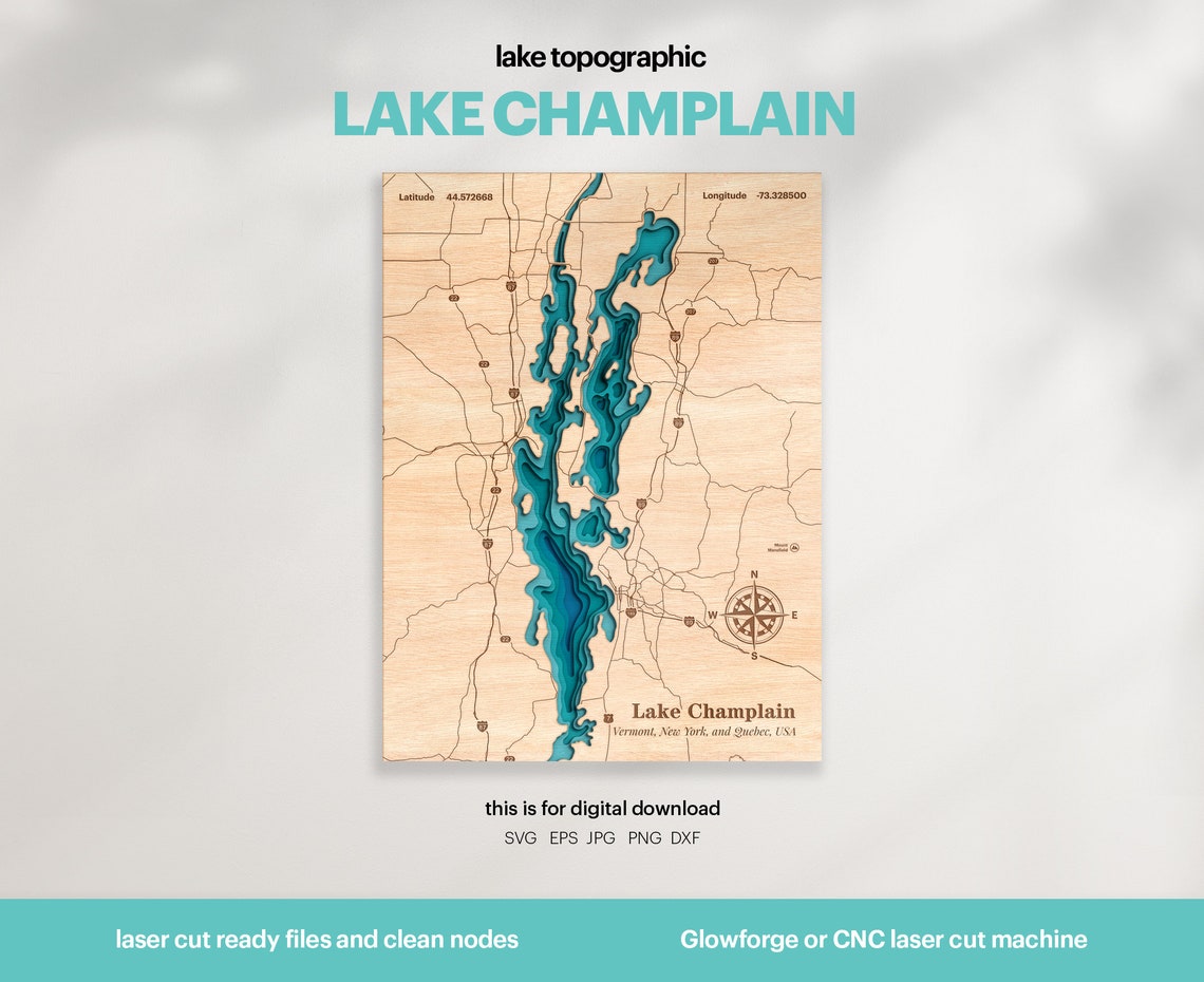 Lake Champlain Map SVG: 3D Topographic Laser Cut File (digital Download ...
