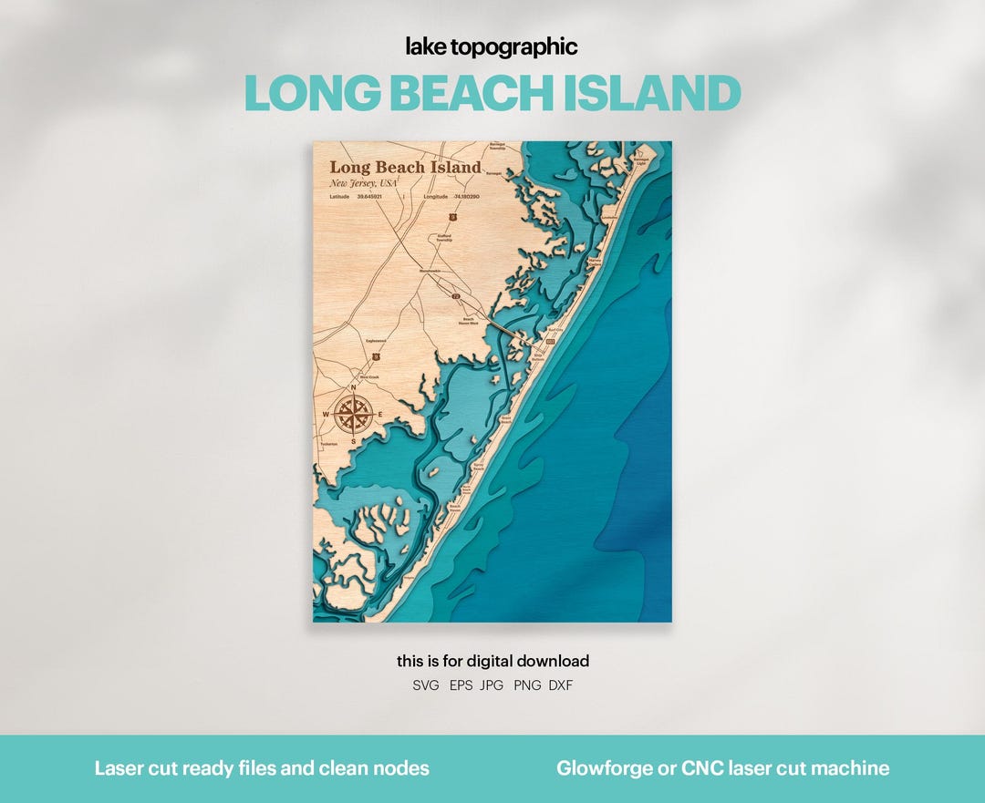 Long Beach Island Map SVG: 3D Topographic Laser Cut File (digital ...