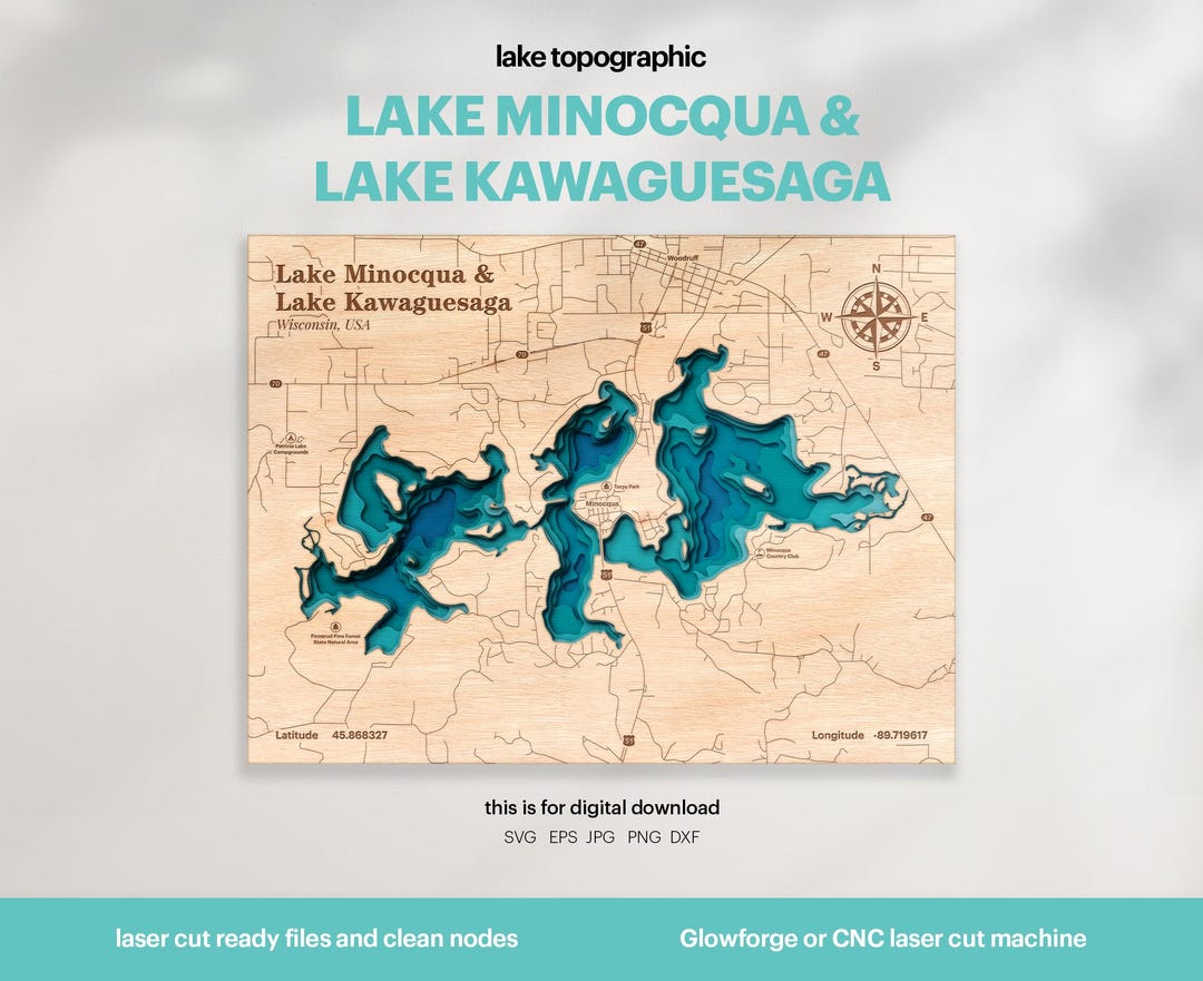 Lake House Decor, Minocqua & Kawaguesaga Lake Map SVG, Wood Wall Decor ...