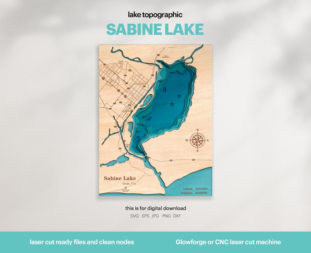 Lake House Decor, Sabine Lake Map SVG, Wood Wall Decor Gift ...