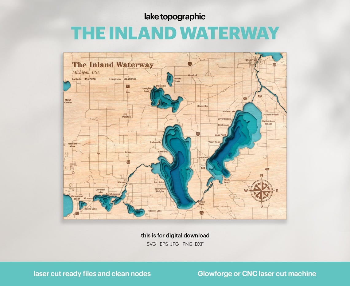 Inland Waterway Map SVG: 3D Topographic Laser Cut File (digital ...