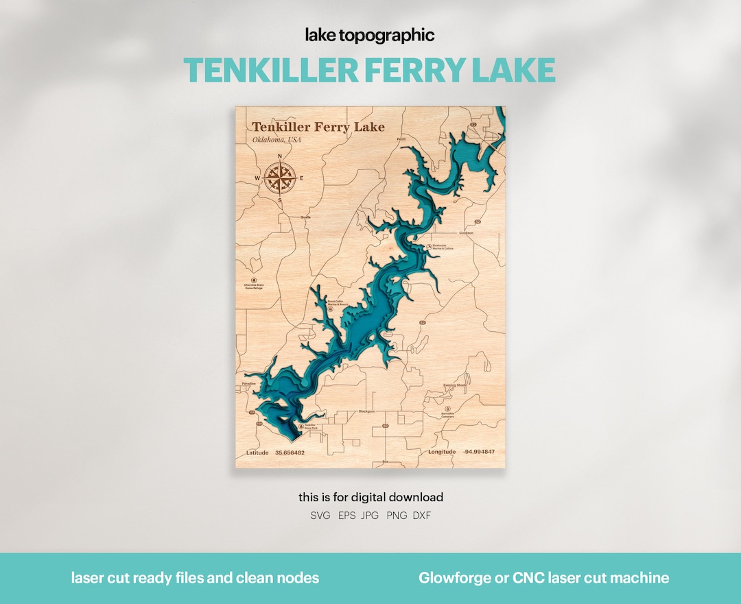Tenkiller Ferry Lake Map SVG: 3D Topographic Laser Cut File (digital ...