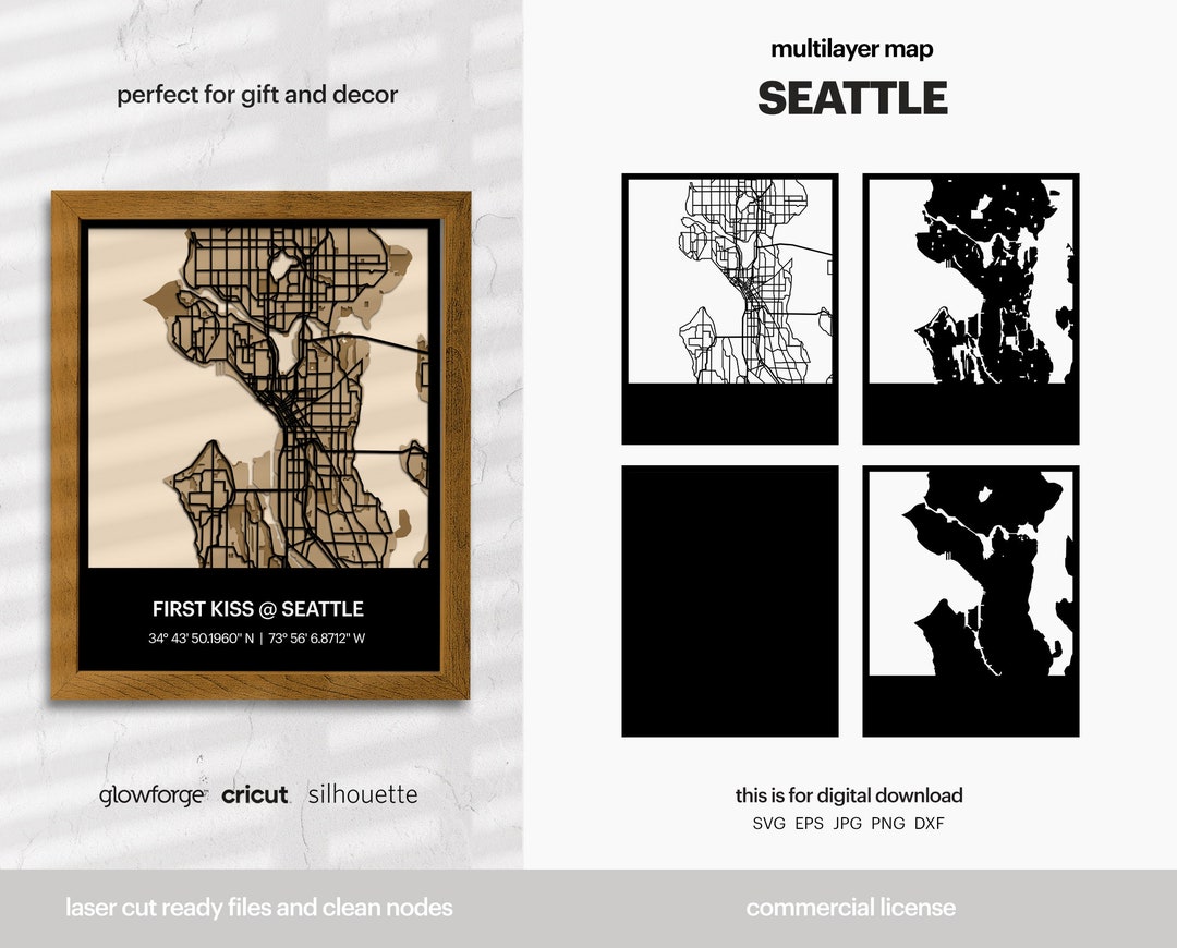 Seattle Layered City Map, City Map Wall Art, Multi Layered Street Map ...