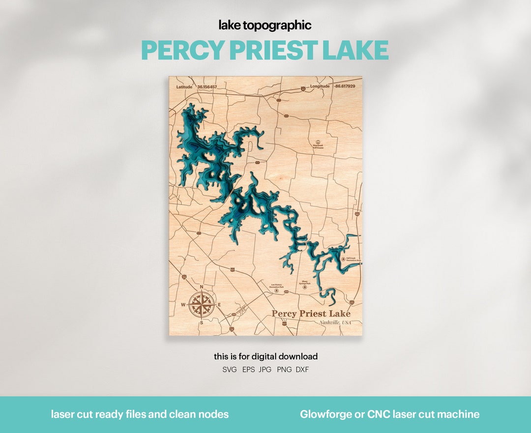 Lake House Decor Percy Priest Lake Map Svg Wood Wall Decor T Topographic 3d Custom Maps
