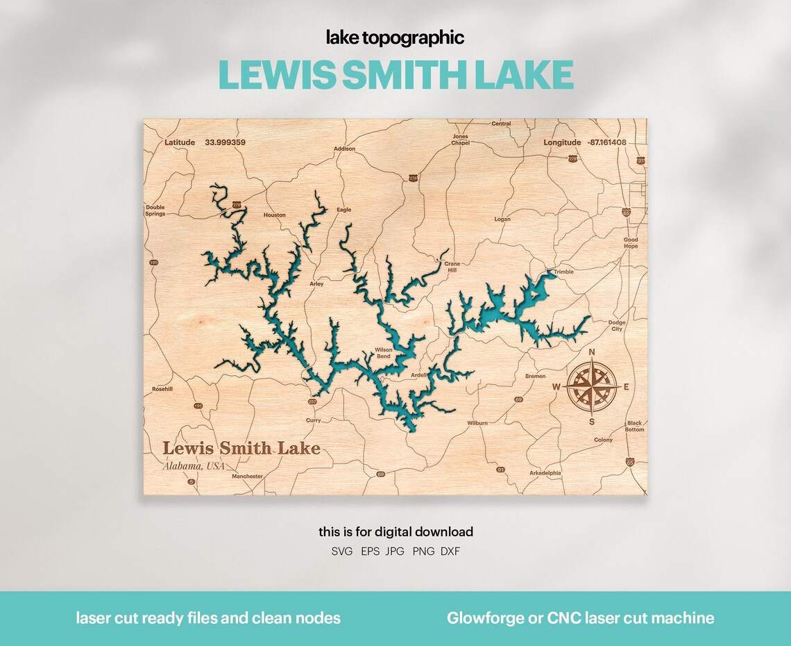 Lewis Smith Lake Map SVG: 3D Topographic Laser Cut File (digital ...