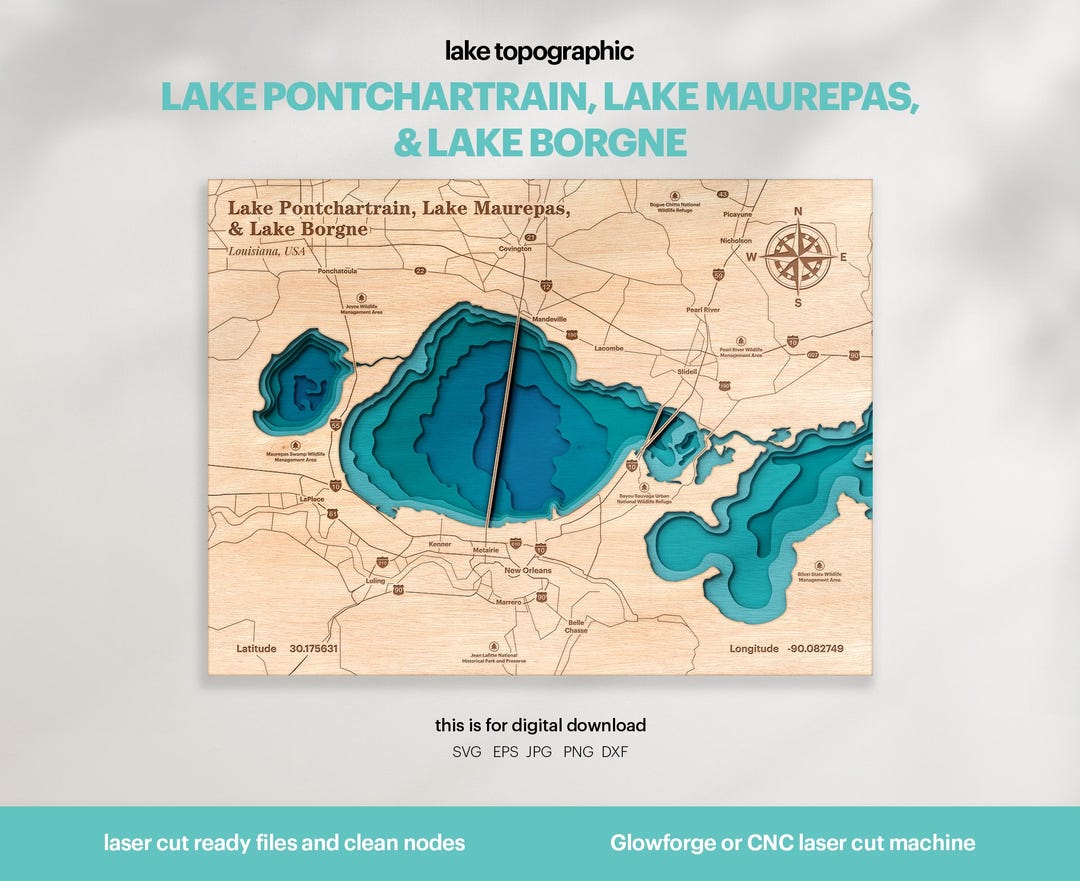 Lake House Decor, Lake Pontchartrain Map SVG, Lake Maurepas, Lake ...