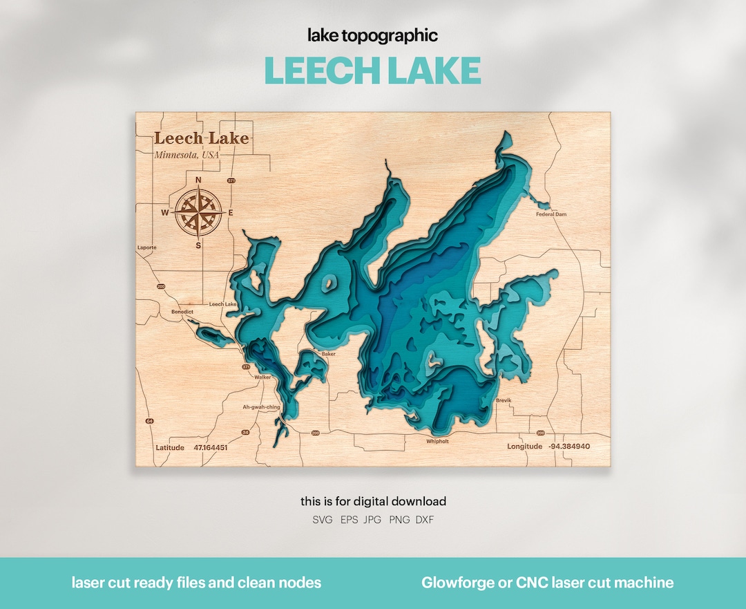Leech Lake Map SVG: 3D Topographic Wood Decor (digital Download) - Etsy