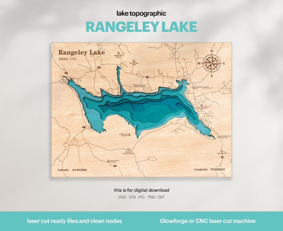 Rangeley Lake Topographic Map SVG: 3D Wood Lake House Decor (digital ...