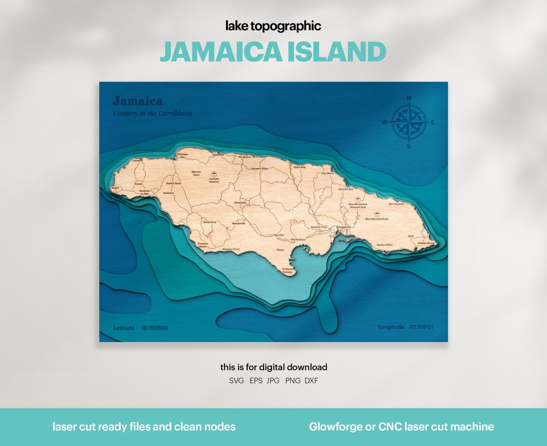 Jamaica Island Map SVG: 3D Topographic Laser Cut File (digital Download ...