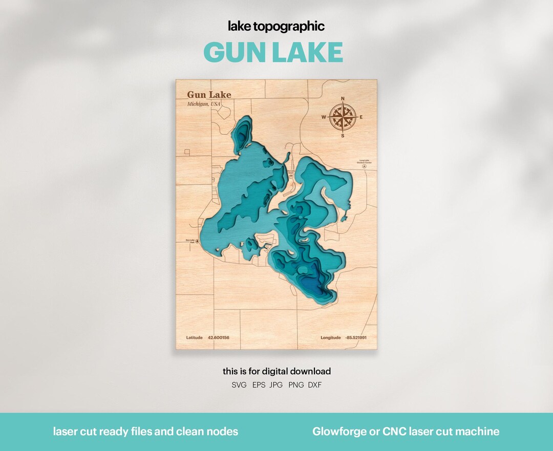 Lake House Decor, Gun Lake Map SVG, Wood Wall Decor Gift, Topographic ...