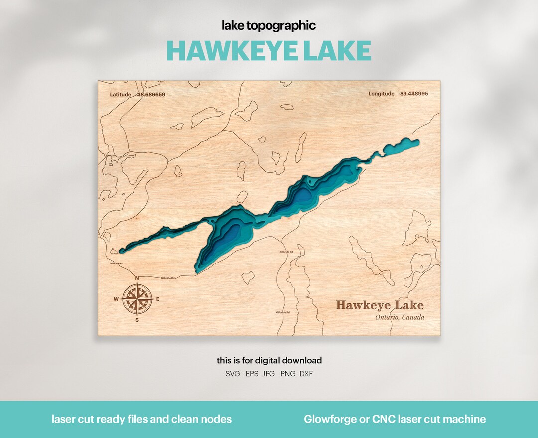 Hawkeye Lake Map SVG: 3D Topographic Laser Cut File (digital Download ...