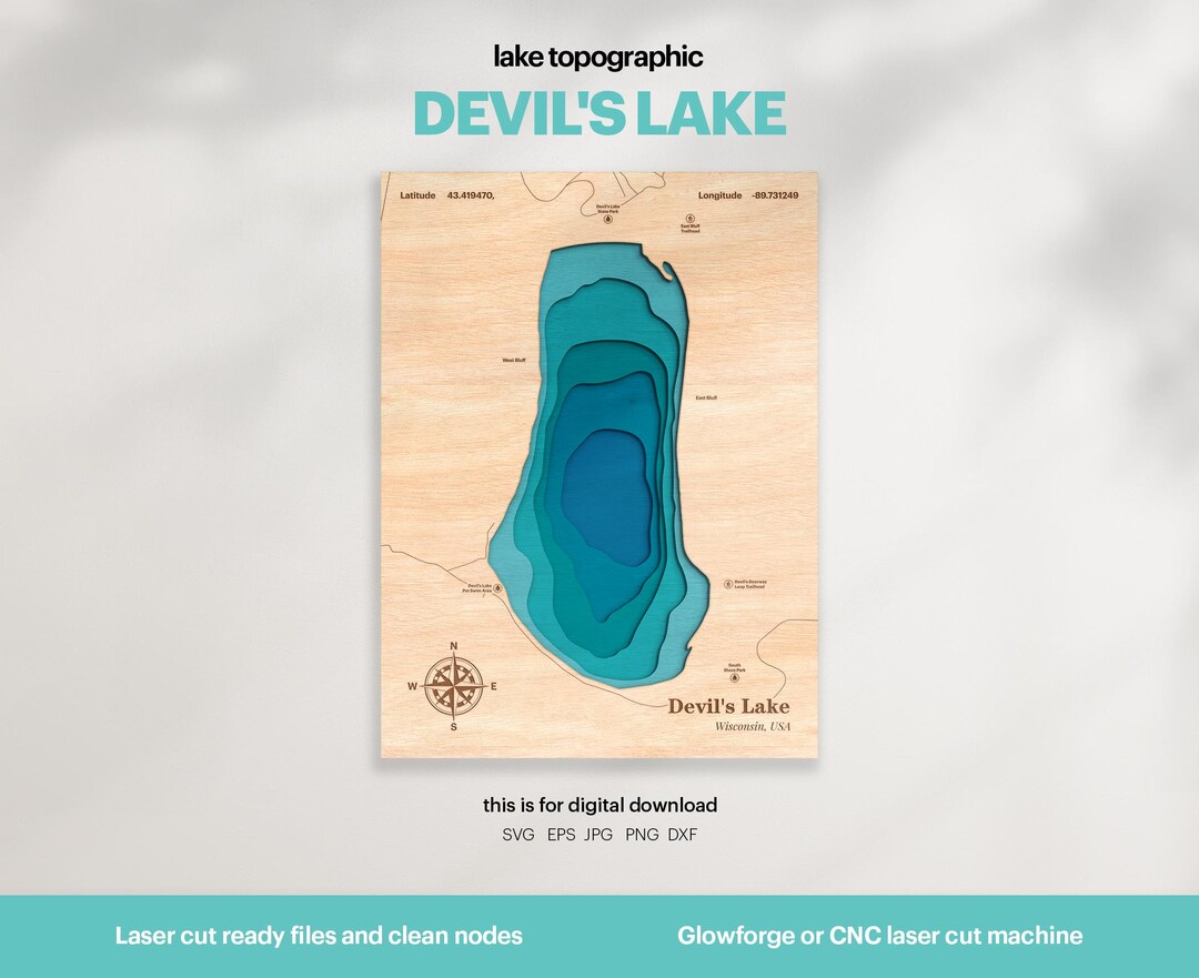 Devils Lake Topographic Map SVG: 3D Wood Wall Art (digital Download ...