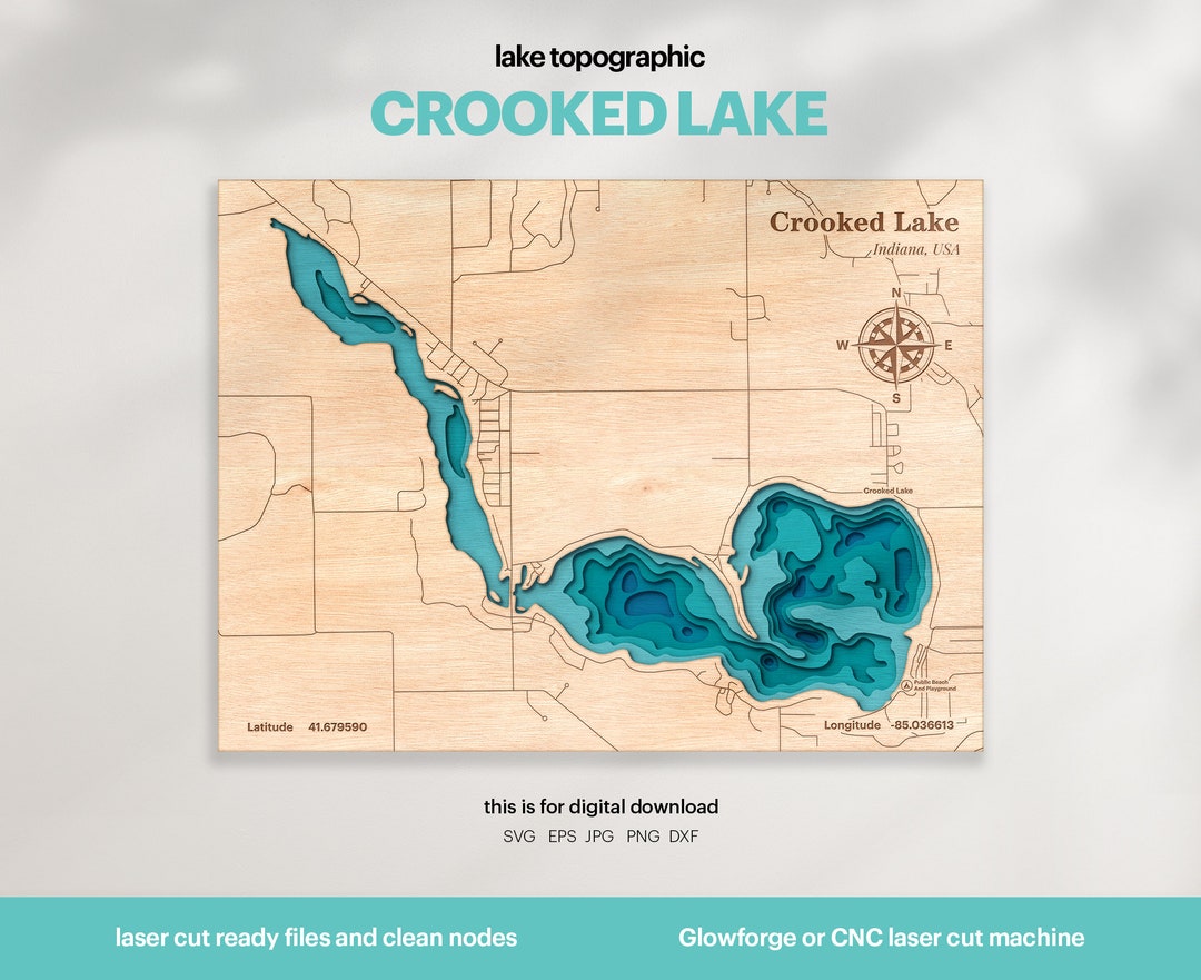 Lake House Decor, Crooked Lake Northeast Indiana Map SVG, Gift ...