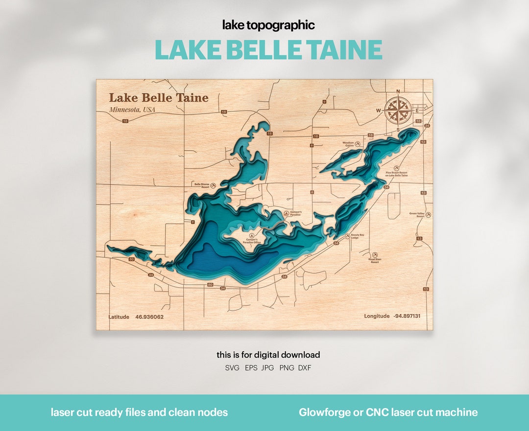 Lake House Decor, Belle Taine Lake Map SVG, Wood Wall Decor Gift ...