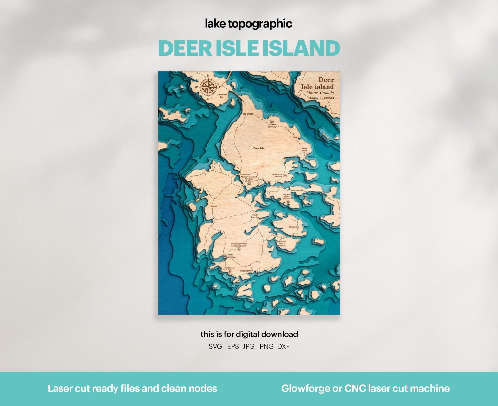 Deer Isle Island Map SVG: 3D Topographic Laser Cut File (digital ...