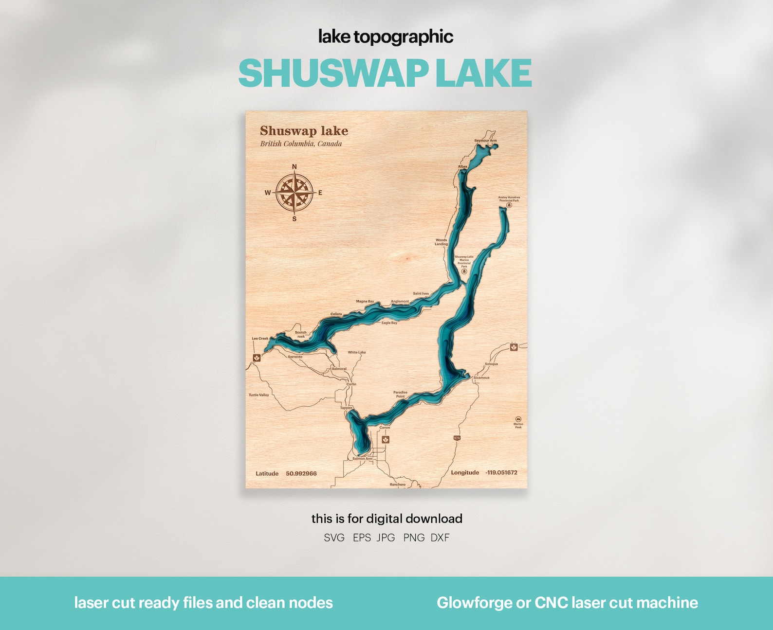Shuswap Lake Topographic Map SVG: 3D Wood Wall Decor (digital Download ...