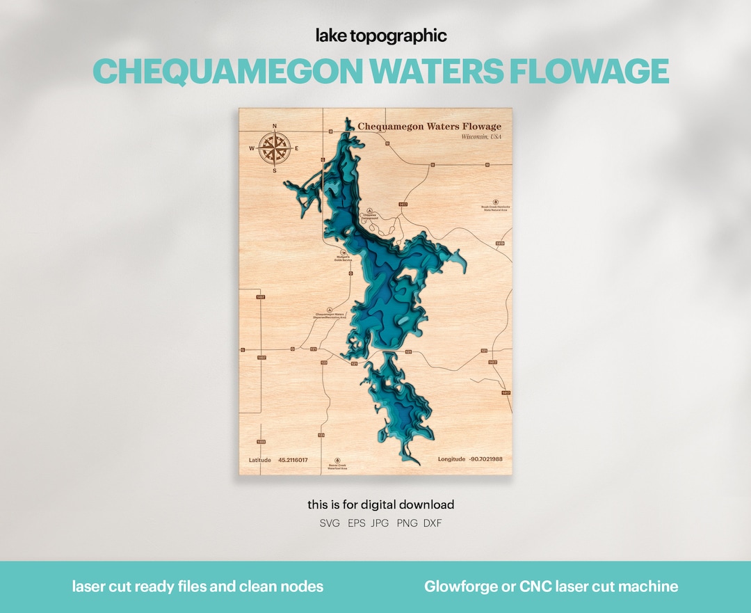 Chequamegon Water Flowage Lake Map SVG: 3D Topographic Wood Art ...