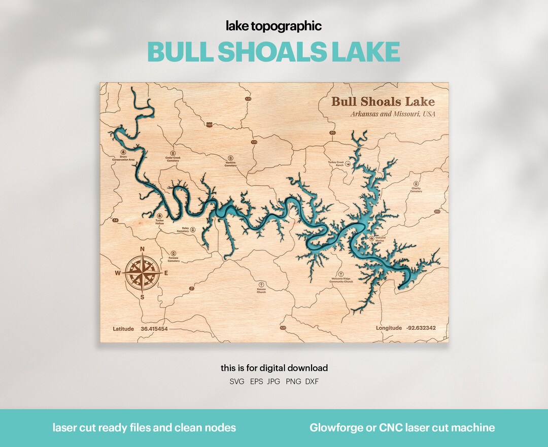 Bull Shoals Lake Topographic Map: 3D Wood Wall Art (digital Download ...