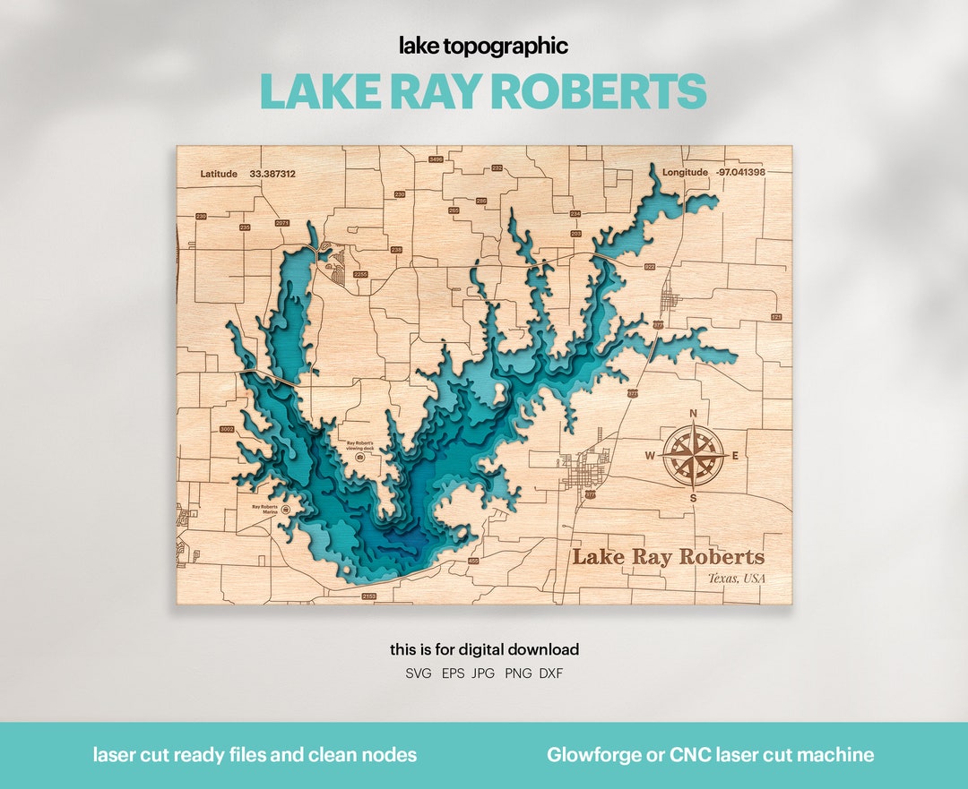 Lake Ray Roberts Topographic Map SVG: 3D Wood Wall Art (digital ...