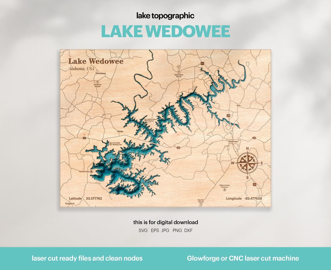 Lake Wedowee Topographic Map SVG: 3D Wood Wall Art (digital Download ...