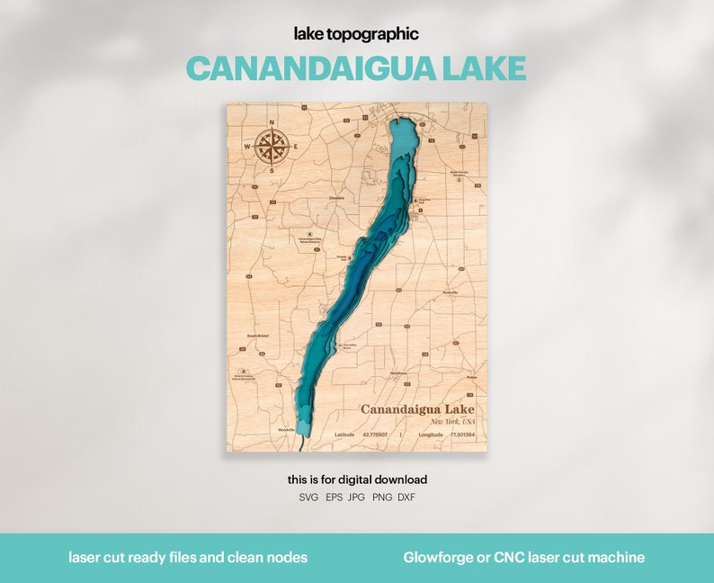 Canandaigua Lake Map SVG: 3D Topographic Laser Cut File (digital ...