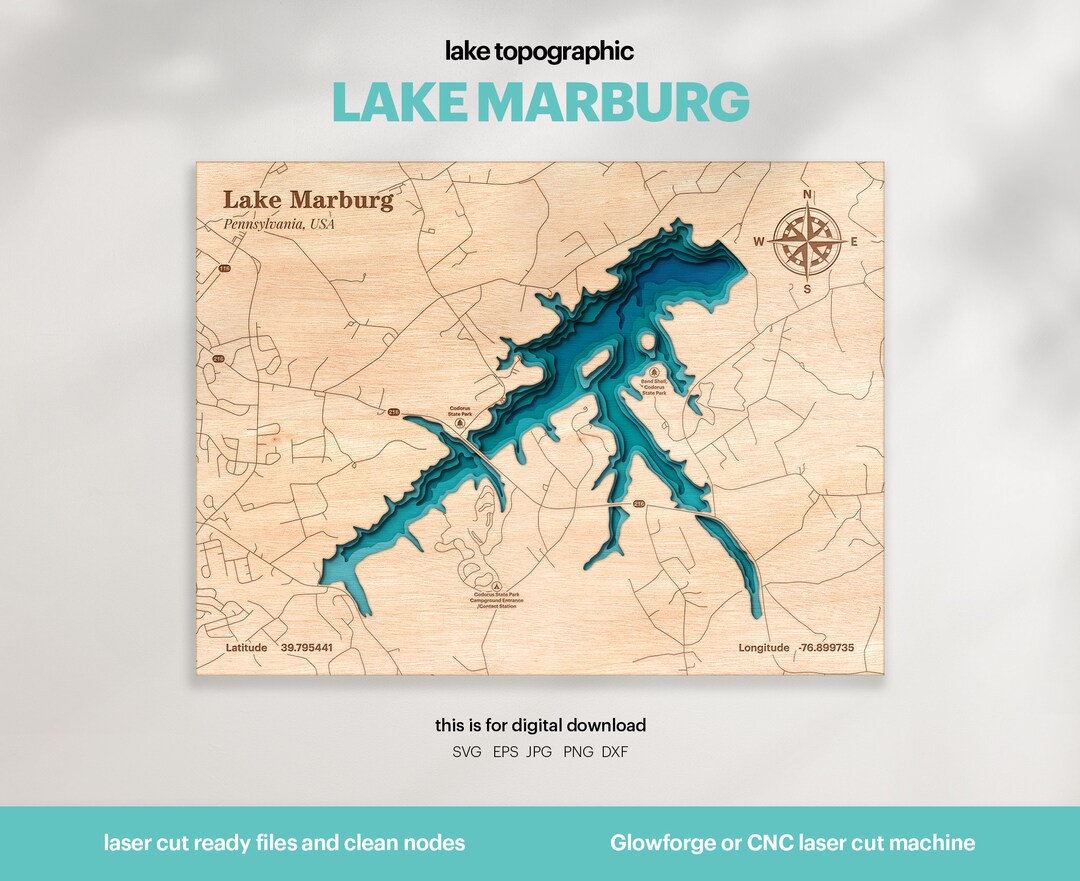Lake Marburg Map SVG: 3D Topographic Laser Cut File (digital Download ...