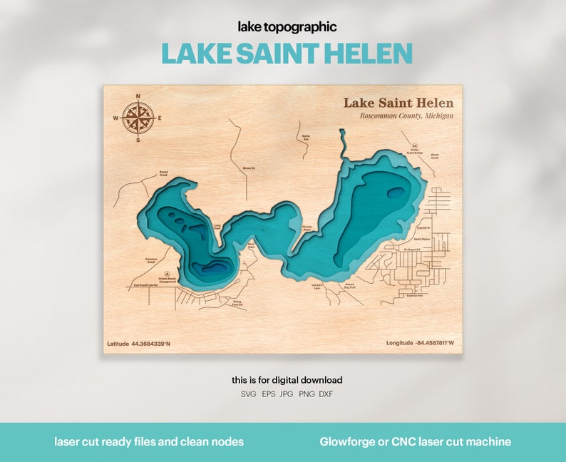 Lake St. Helen Michigan Map SVG: Topographic 3D Glowforge File (digital ...