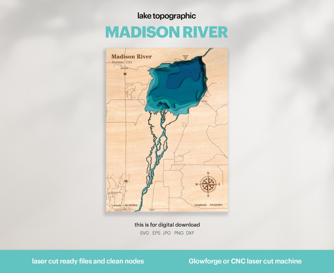 Madison River Map SVG: 3D Topographic Lake House Decor (digital ...