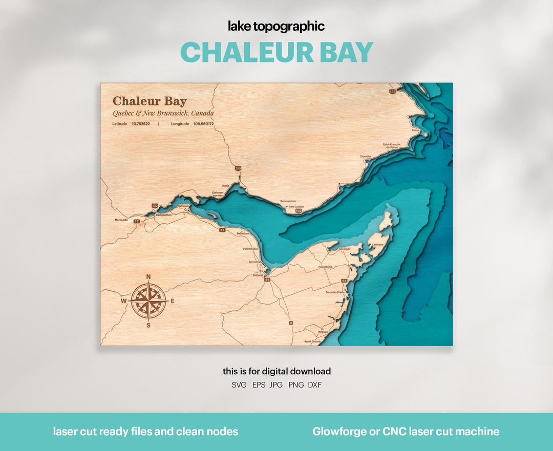 Lake House Decor: Chaleur Bay Topographic Map SVG, Laser Cut File ...