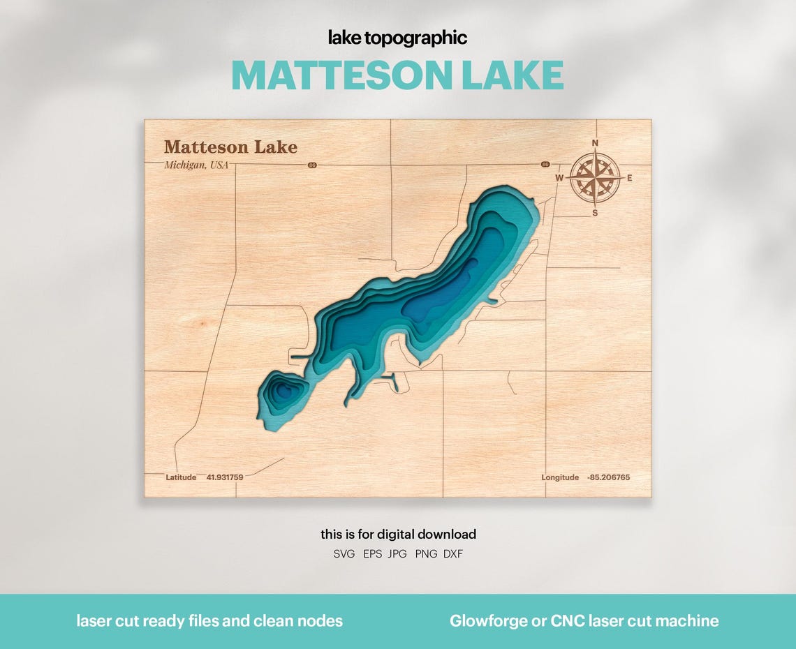 Matteson Lake Topographic Map SVG: 3D Wood Wall Art (digital Download ...