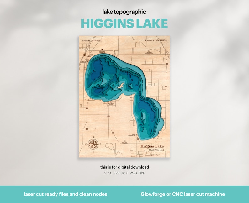 Higgins Lake Topographic Map SVG: 3D Wood Wall Art (digital Download ...