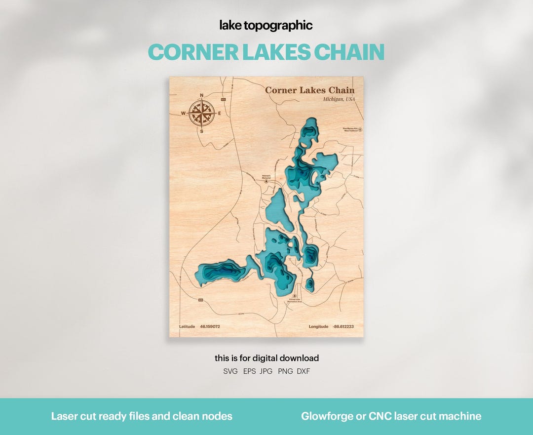 Lake House Decor, Corner Lakes Chain Map SVG, Wood Wall Decor Gift ...
