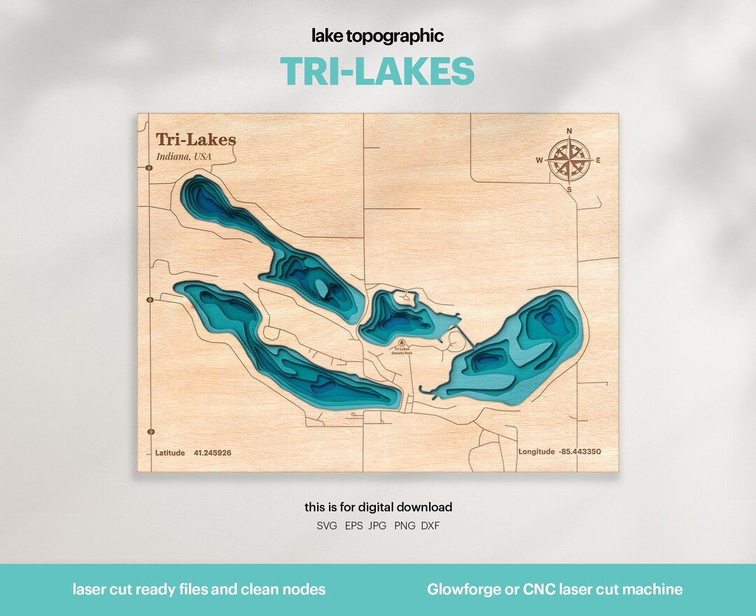 Lake House Decor, Tri-lakes Map SVG, Wood Wall Decor Gift, Topographic ...