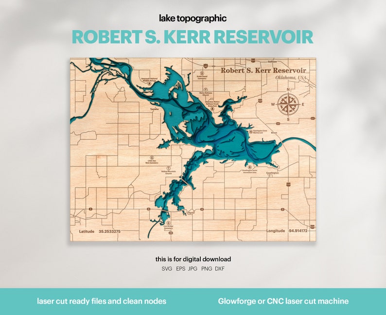 Robert S Kerr Reservoir Map SVG: 3D Topographic Laser Cut File (digital ...