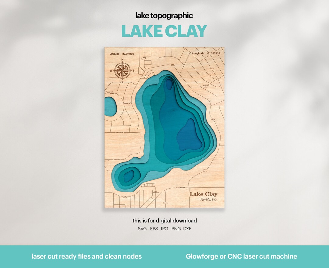 Lake House Decor, Clay Lake Map SVG, Wood Wall Decor Gift, Topographic ...