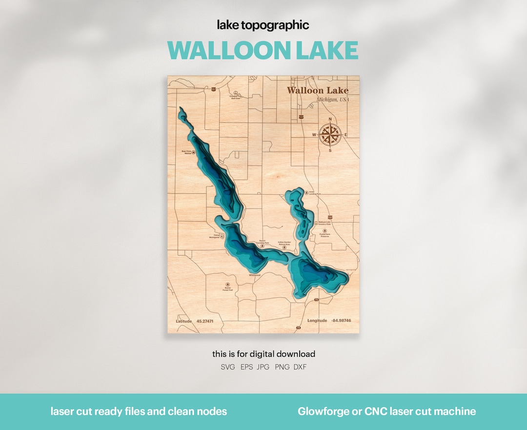 Lake House Decor, Walloon Lake Map SVG, Wood Wall Decor Gift ...