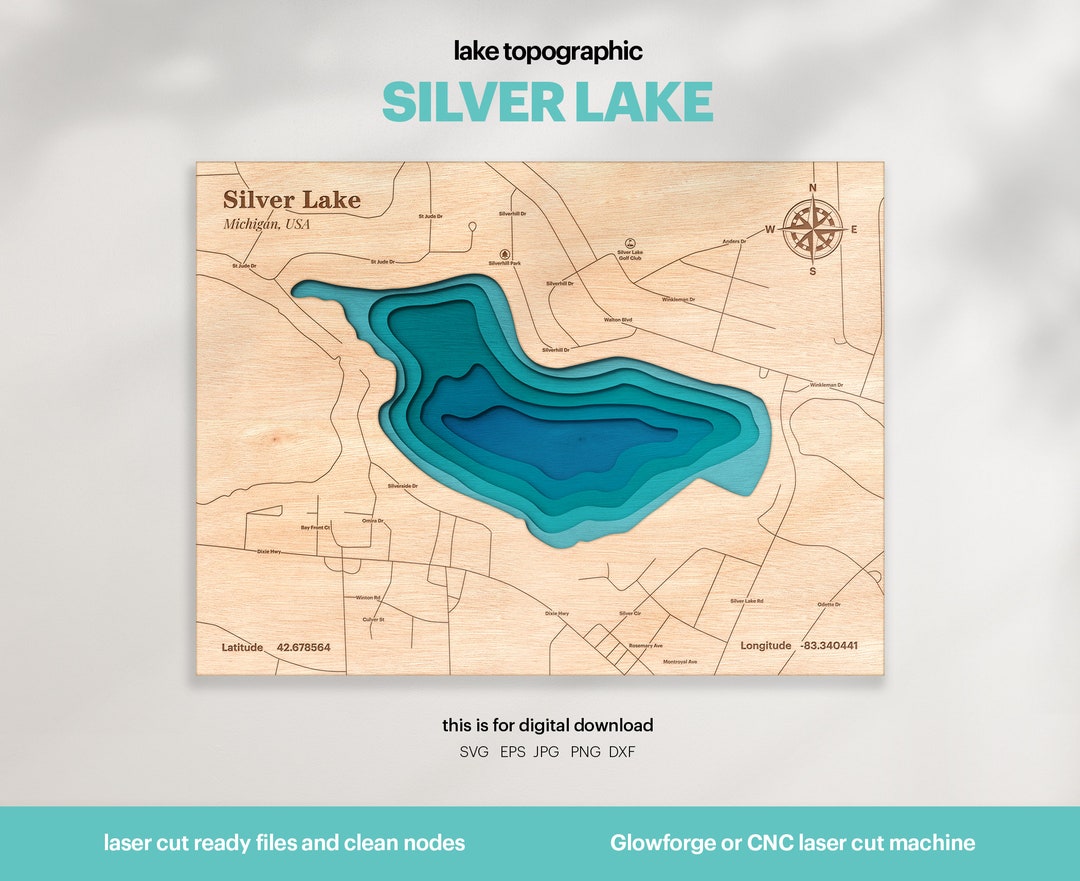 Lake House Decor, Silver Lake Map SVG, Map Art, Wood Wall Decor, Personalized Gift, Topographic ...