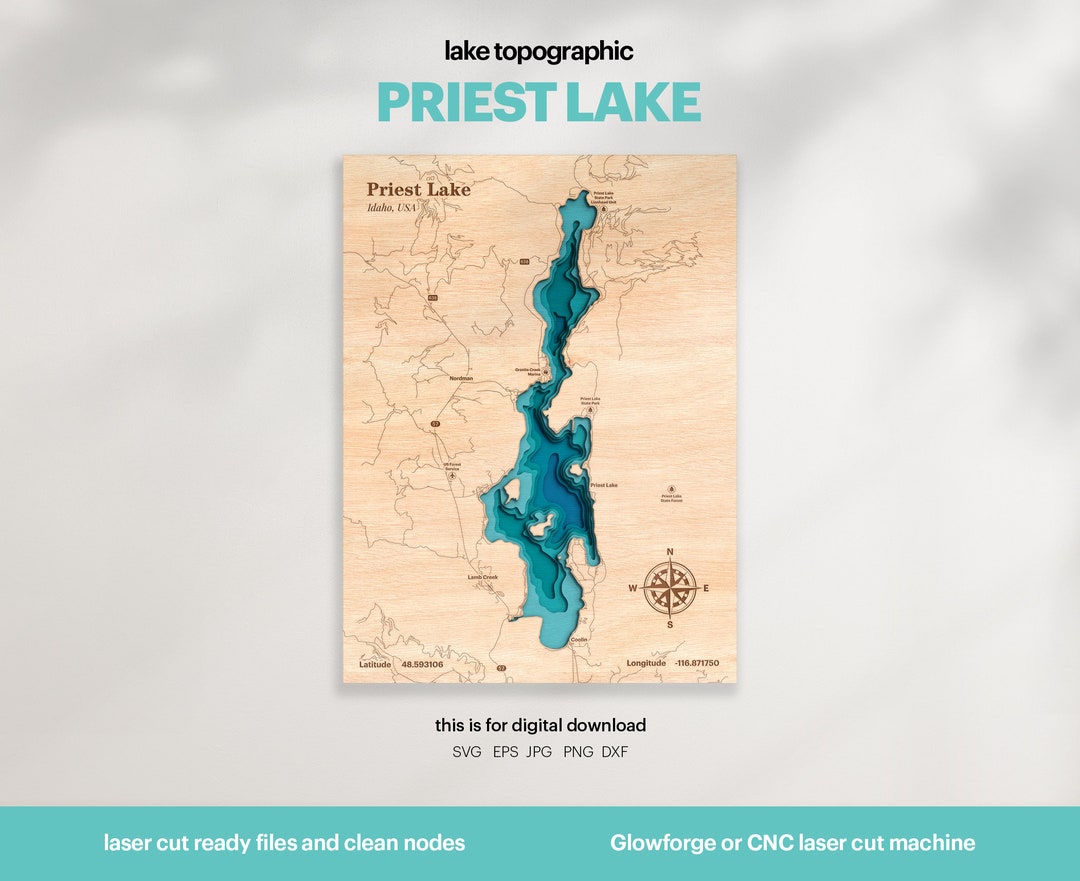 Lake House Decor, Priest Lake Idaho Map SVG, Wood Wall Decor Gift ...