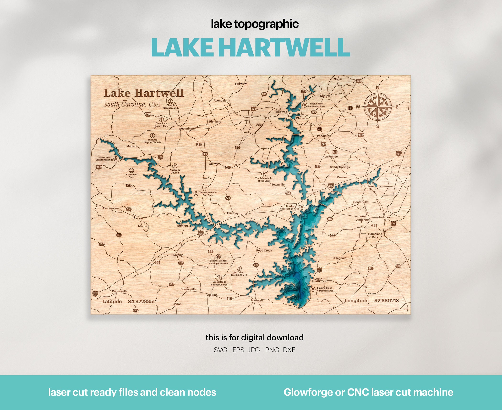 Lake Hartwell Map SVG: 3D Topographic Laser Cut File (digital Download ...