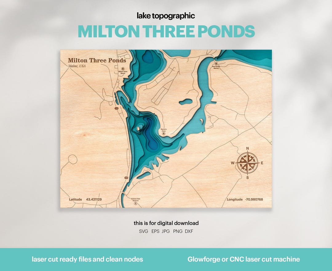 Milton Three Ponds Map: 3D Topographic Lake House Decor (digital ...