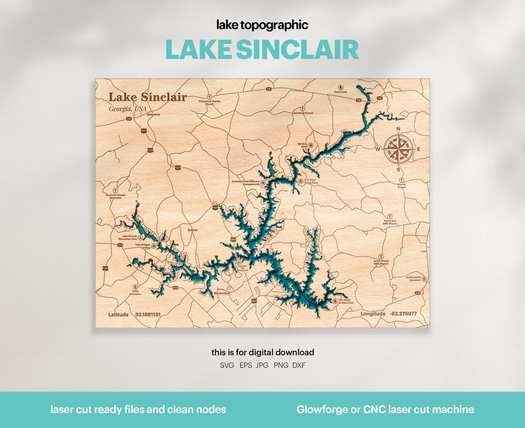 Lake Sinclair Map SVG: 3D Topographic Laser Cut File (digital Download ...