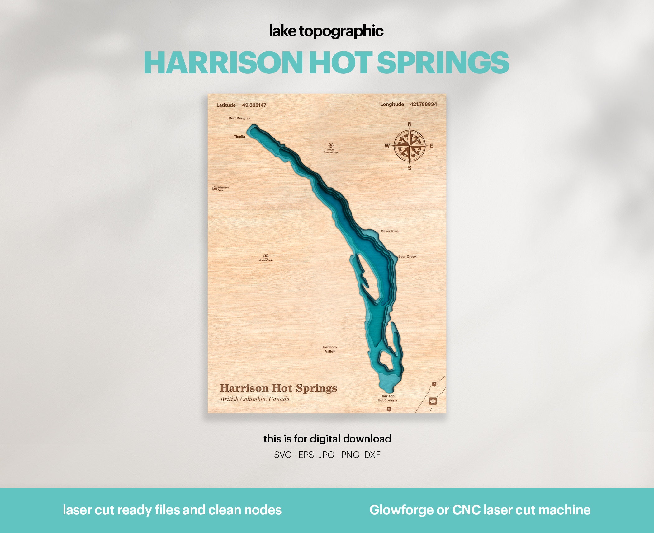 Lake House Decor, Harrison Hot Springs Map SVG, Wood Wall Decor Gift ...