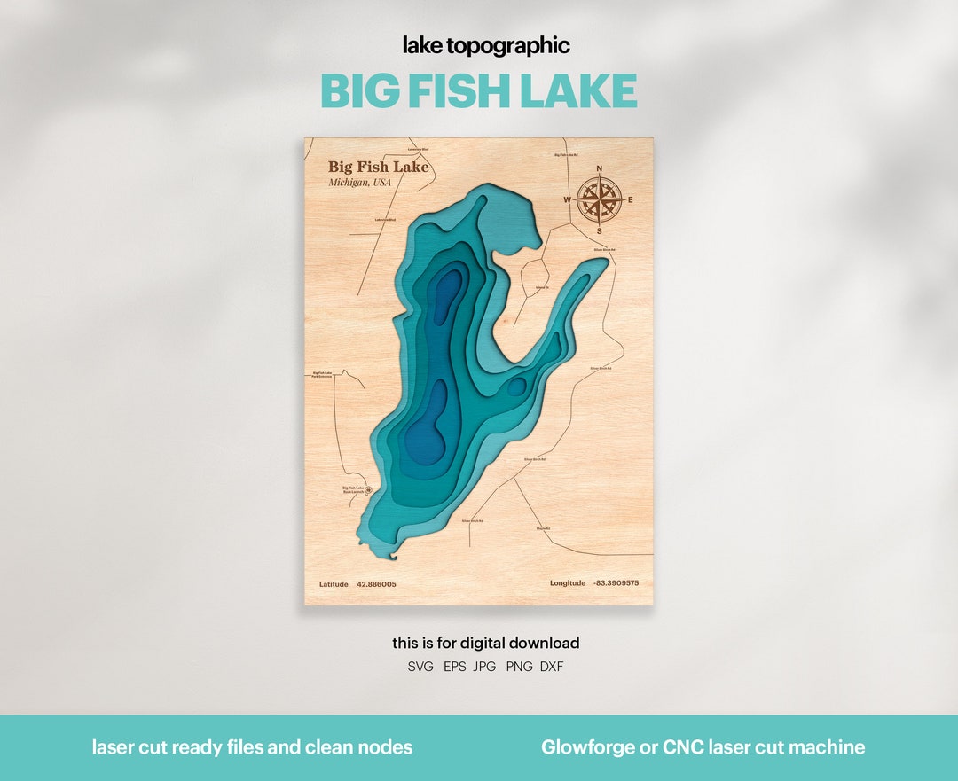 Lake House Decor, Big Fish Lake Map SVG, Map Art, Wood Wall Decor Gift ...